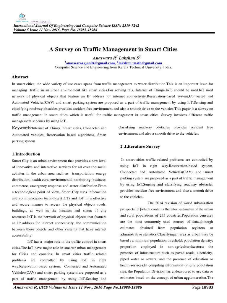 A Survey On Traffic Management in Smart Cities | PDF | Internet Of ...