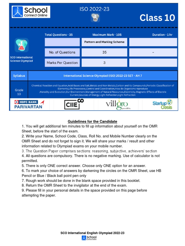 Class 10 Science Olympiad Questions | PDF | Chemical Reactions | Sulfate