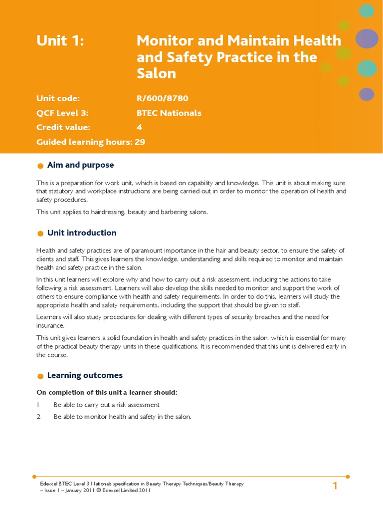 Unit 1 Monitor and Maintain Health and Safety Practice in The Salon ...