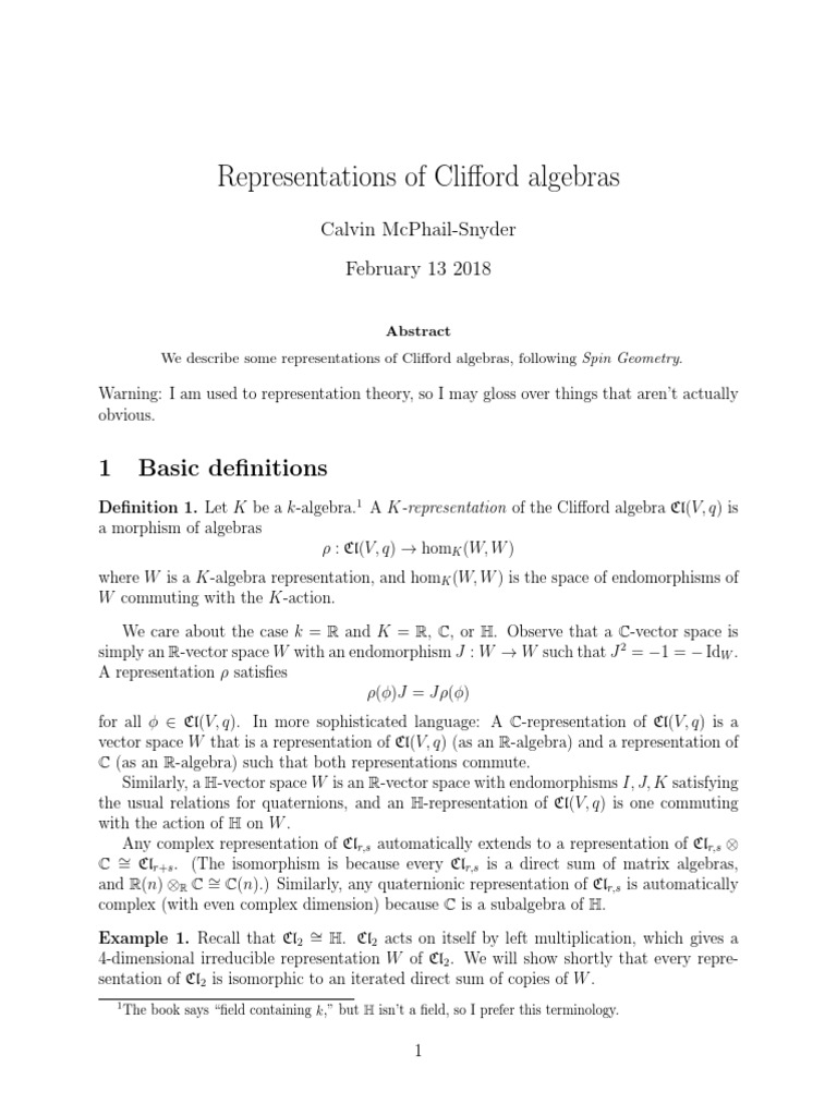 Representations of Clifford Algebras | PDF | Representation Theory ...