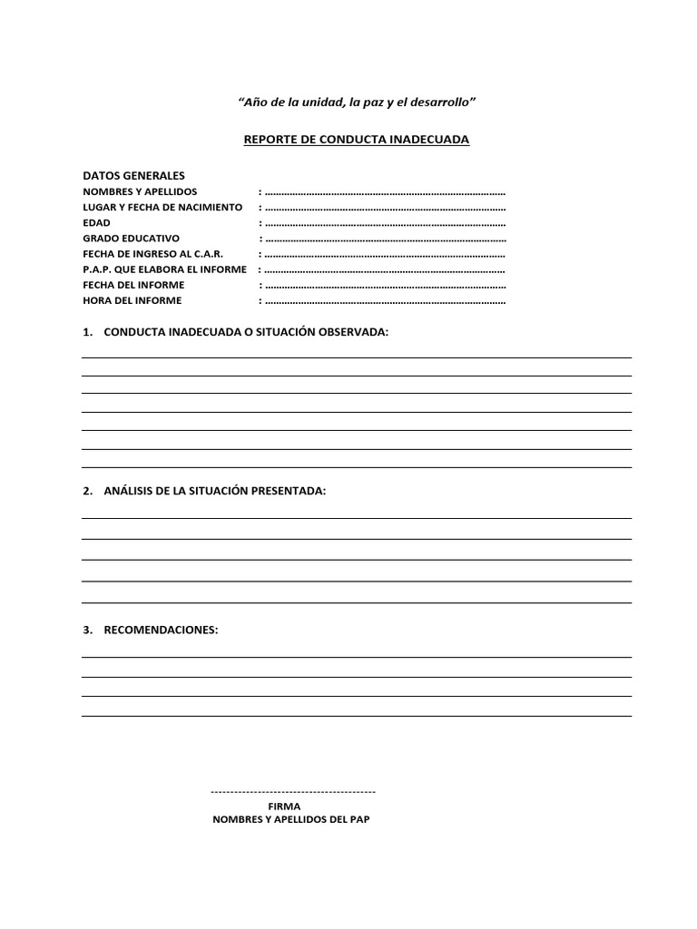 Modelo de Reporte de Conducta Inadecuada | PDF