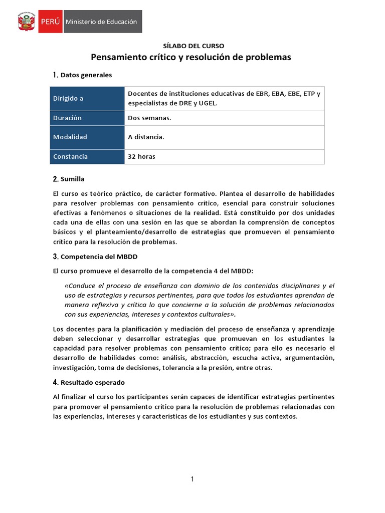 Silabo Pensamiento Critico y Resolucion de Problemas | PDF ...