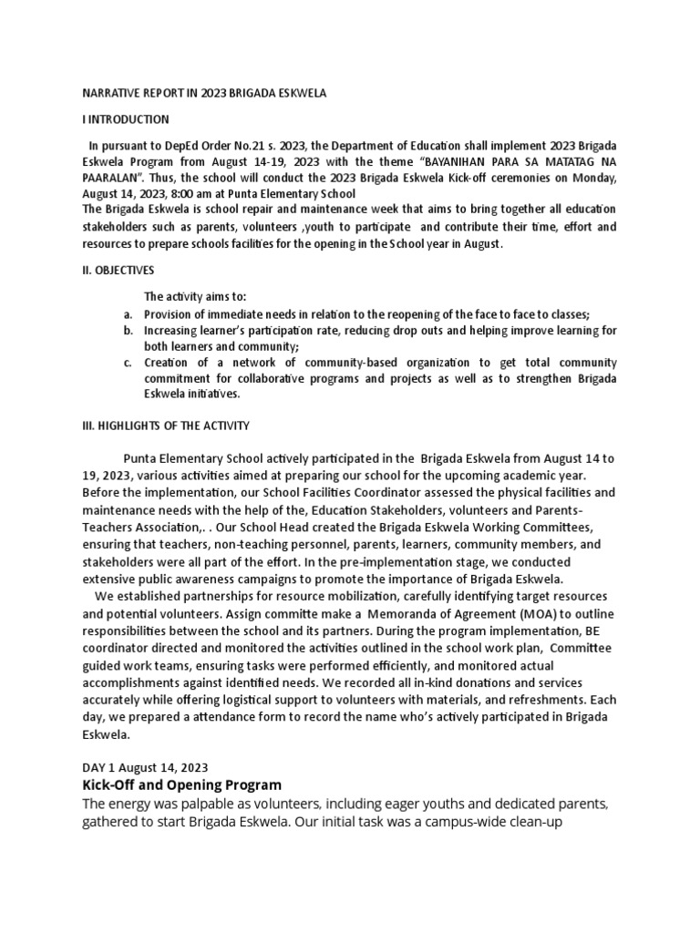 Brigada Eskwela Narrative Report | PDF | Volunteering