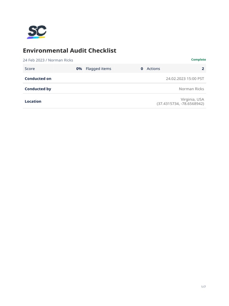 Environmental Audit Checklist Sample Report SafetyCulture | PDF