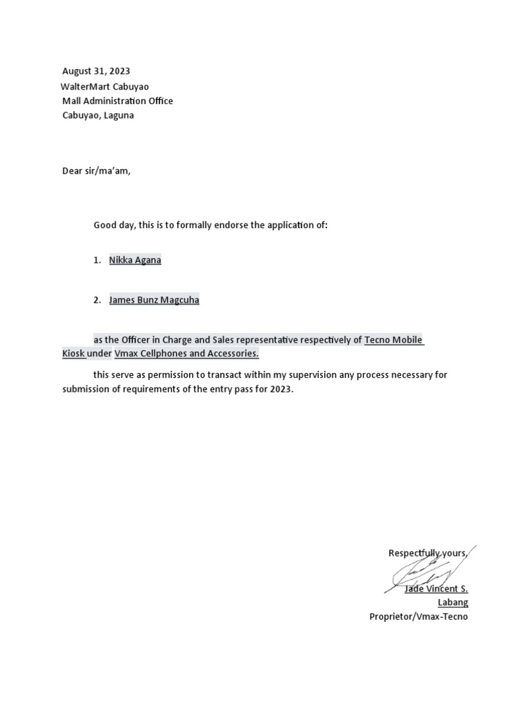 Endorsement Tecno Cab | PDF