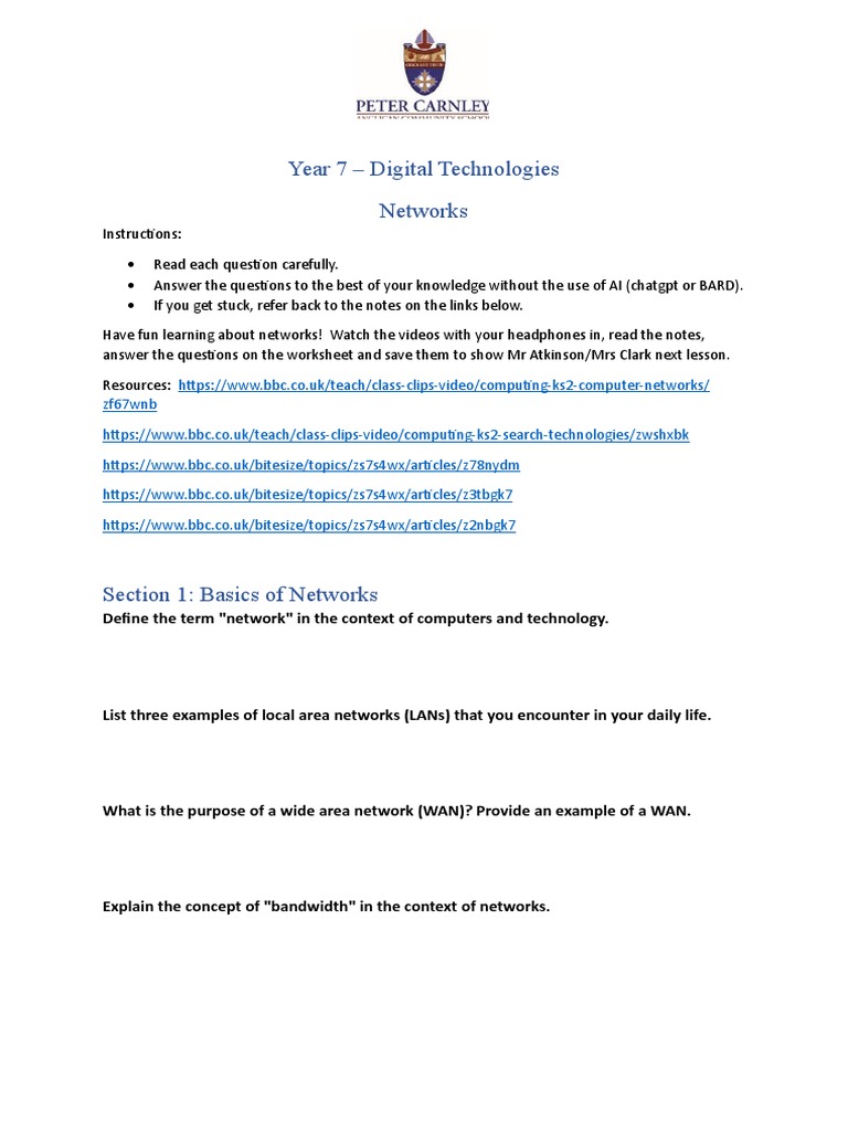 Year 7 Networks Worksheet | PDF