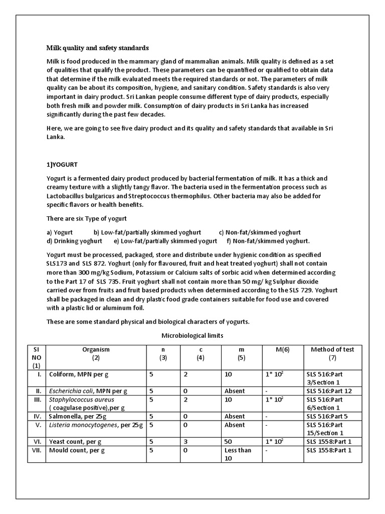 Sri Lanka Dairy Standards Guide | PDF | Yogurt | Milk