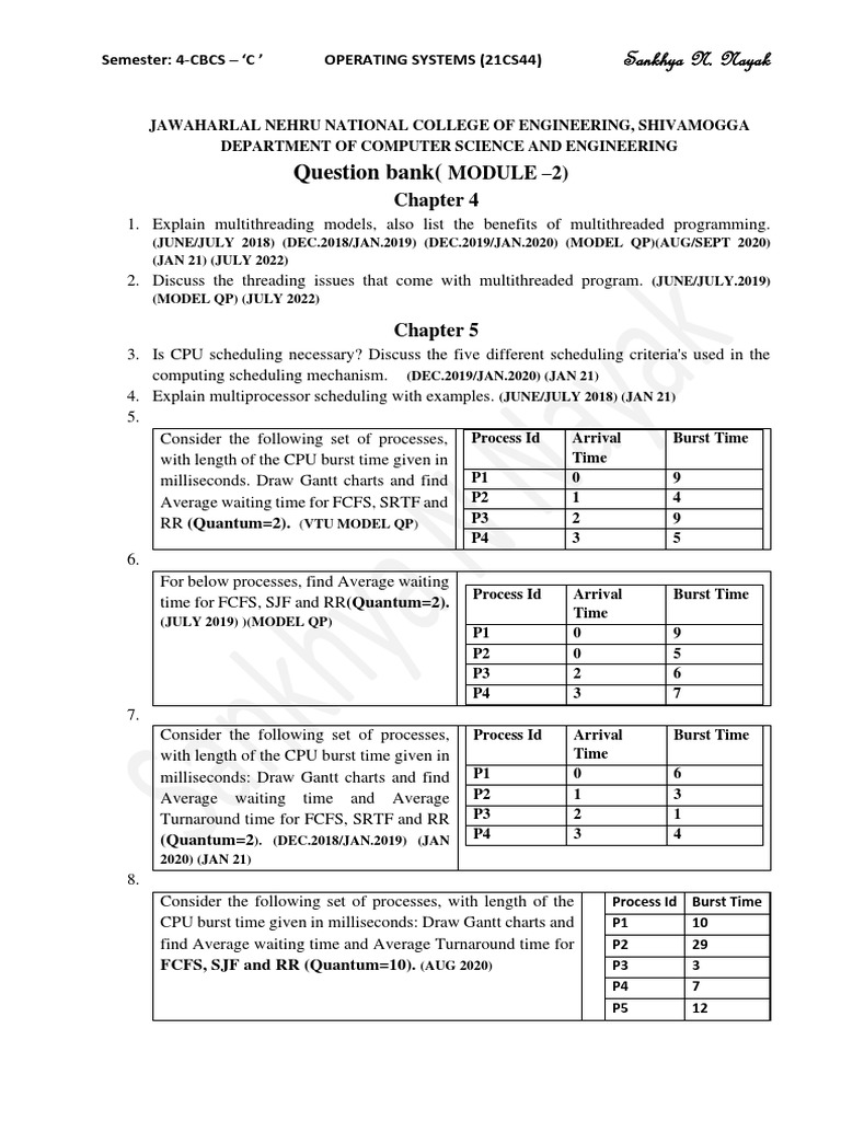 Os-Module2 Question Bank | Download Free PDF | Scheduling (Computing) | Thread (Computing)