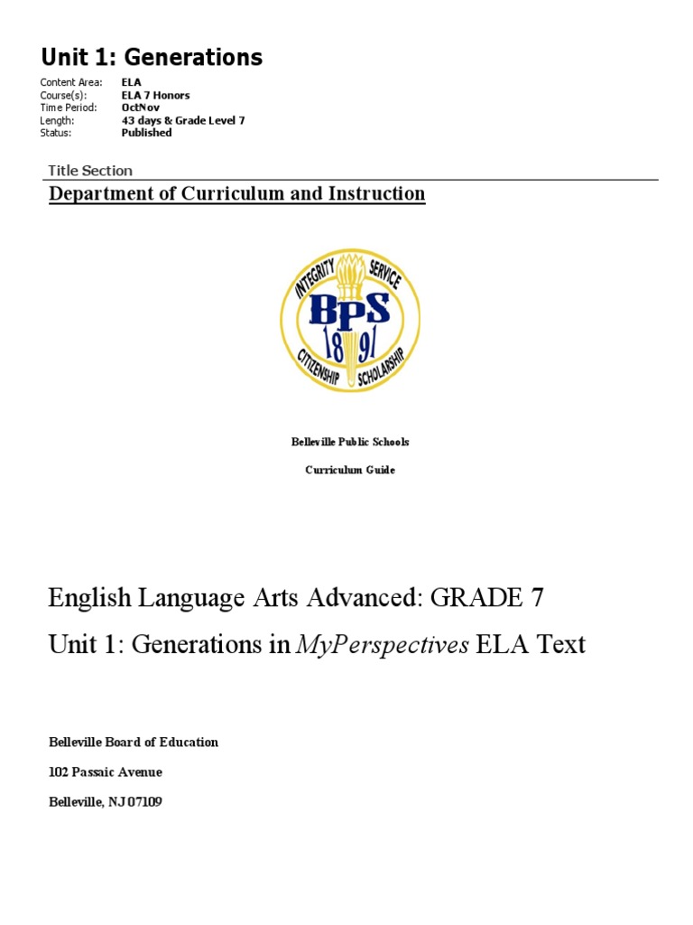 English Language Arts Advanced: Grade 7 Unit 1: Generations in ...