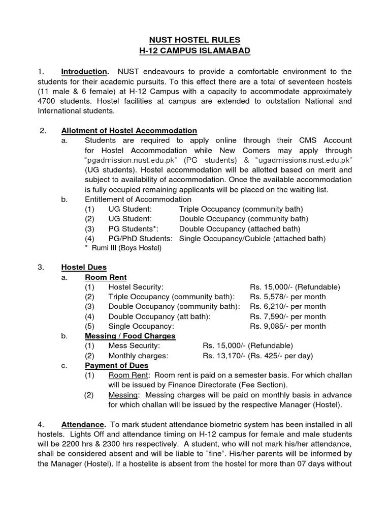 NUST H-12 Campus Hostel Rules | PDF