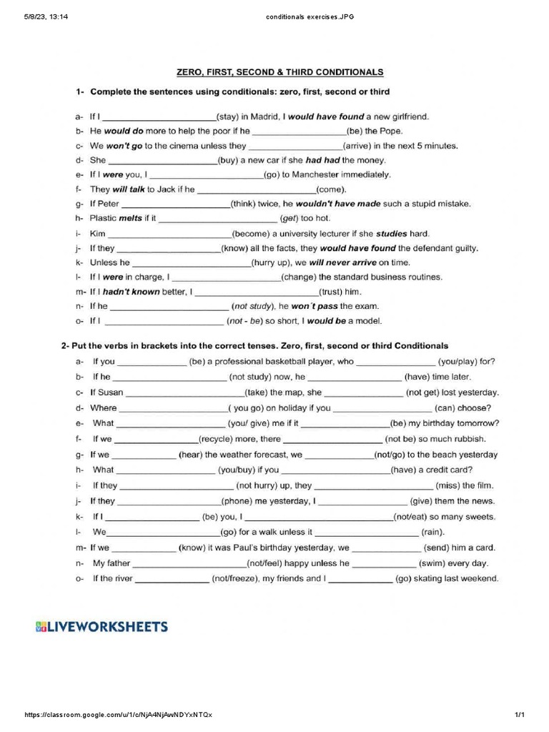 Conditionals Exercises - JPG | PDF