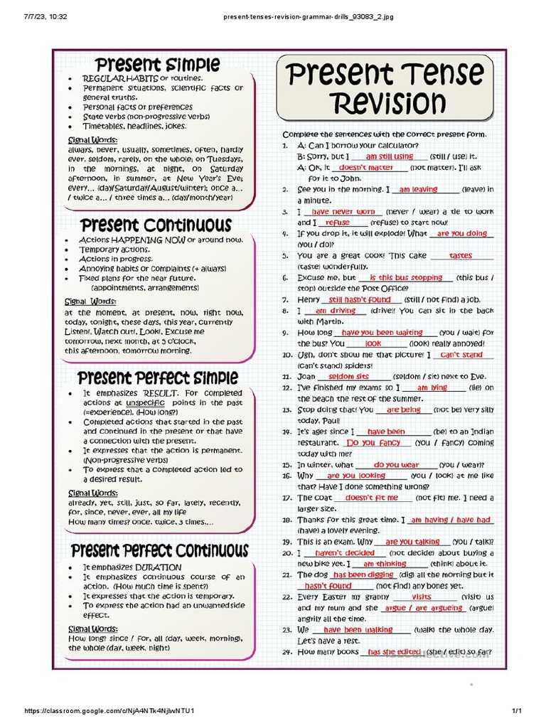 Present Tenses Grammar Drills | PDF | Science & Mathematics | Computers