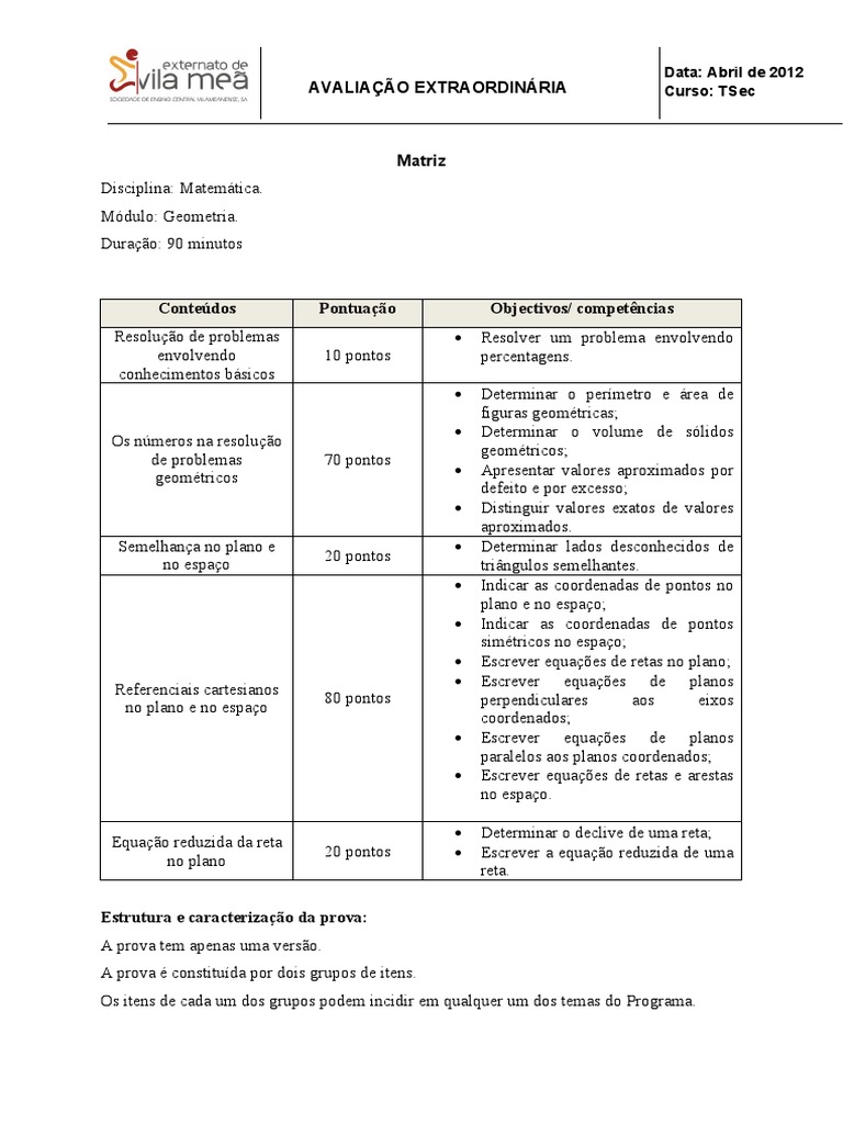 Matriz Do Exame Do Módulo A1 - Abril 2012-1 | PDF
