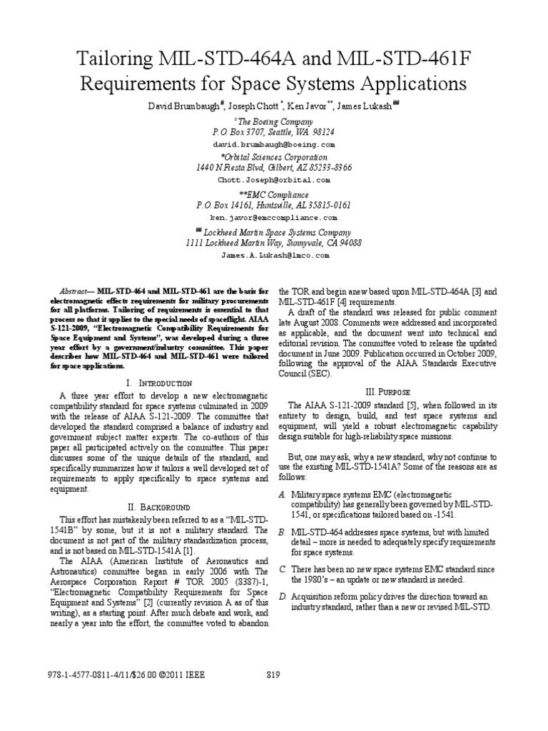 Tailoring MIL-STD-464A and MIL-STD-461F Requirements For Space Systems ...