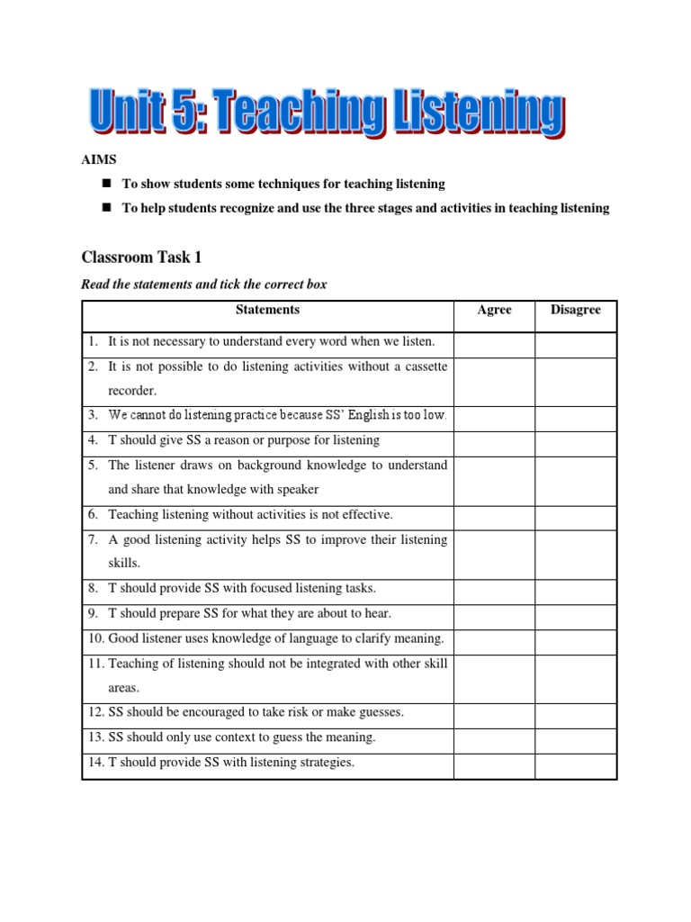 Unit 5 TEACHING LISTENING Handouts | PDF | Reading Comprehension | Cognitive Science