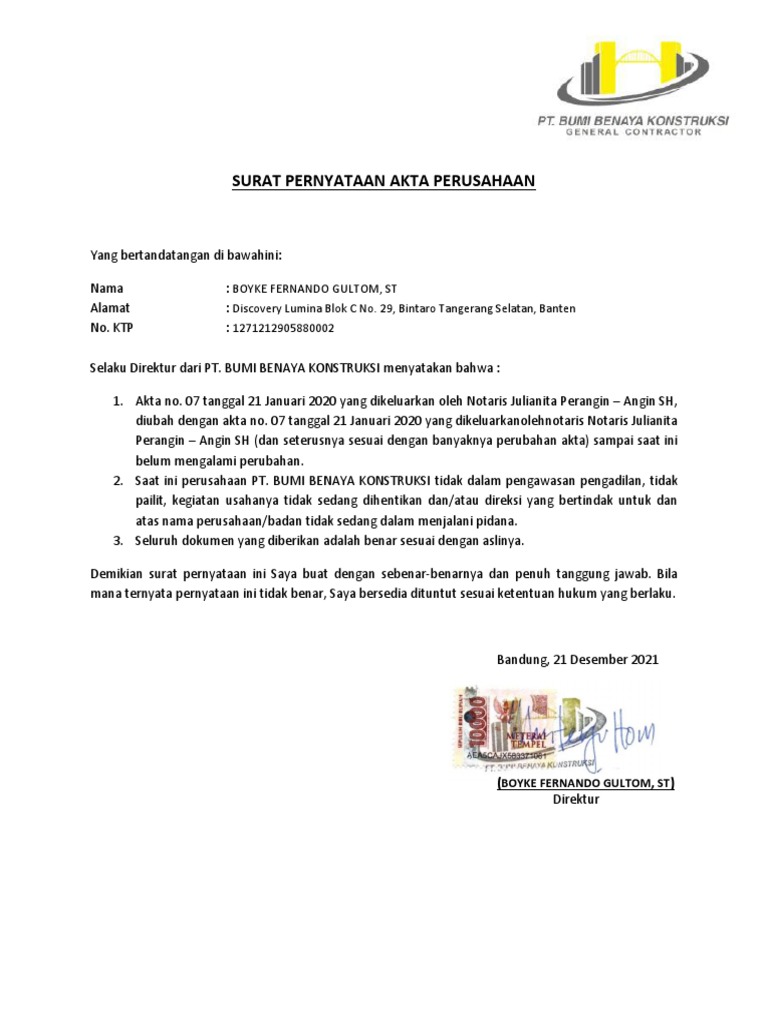 Surat Pernyataan Akta | PDF