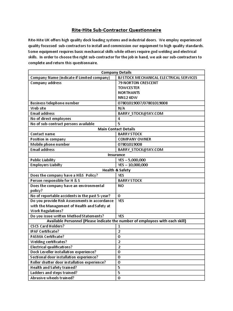 RH UK Sub-Contractor Questionnaire | PDF | Occupational Safety And ...