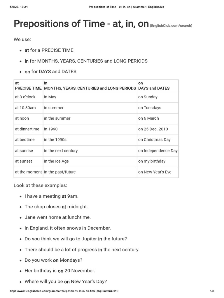 Prepositions of Time - at, in, on _ Grammar _ EnglishClub | PDF ...