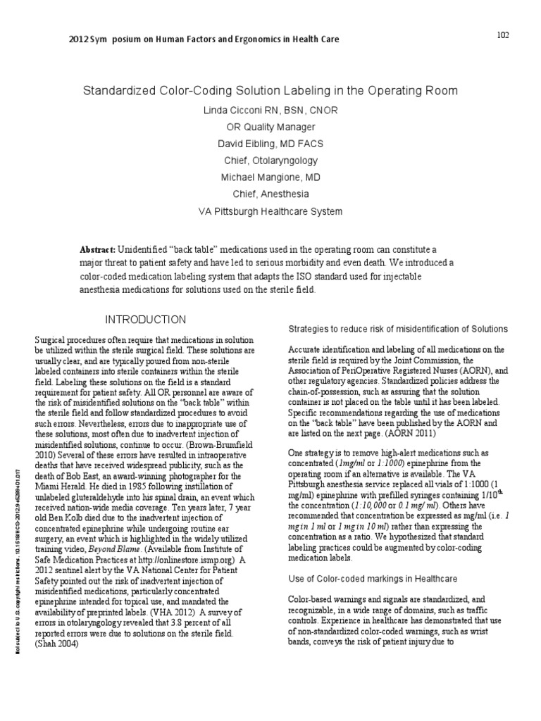 Standardized Color Coding Solution Labeling In The Operating Room Pdf Anesthesia Patient