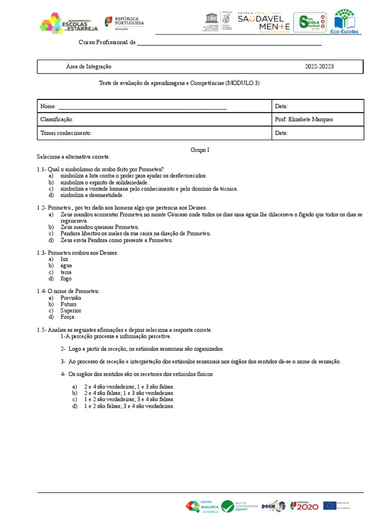 Teste de Conhecimentos sobre Prometeu | PDF | Prometeu | Conhecimento