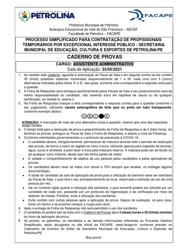 Prova Assistente Administrativo 23 05 2021 | PDF | Planejamento | Internet