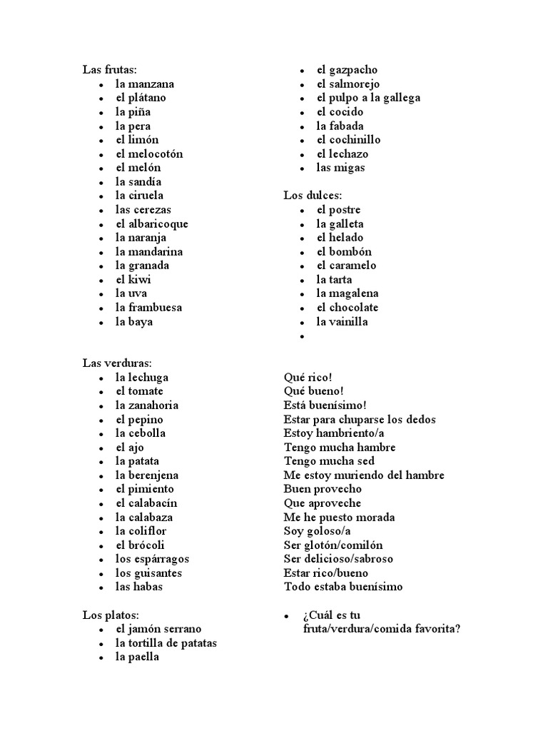 El Vocabulario Comida Pdf