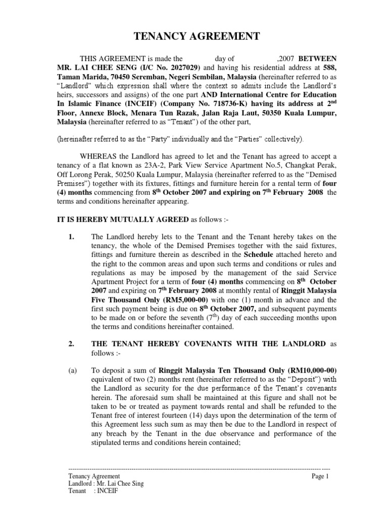 Agreement (Tenancy) Rev 1 | PDF | Leasehold Estate | Landlord