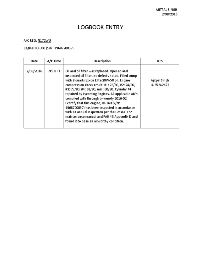 Annual Inspection Logbook Entry | PDF