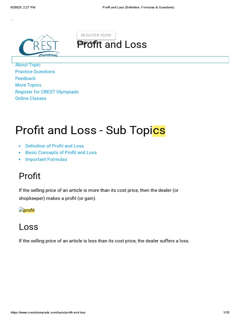 Profit and Loss (Definition, Formulas & Questions) | PDF | Prices ...