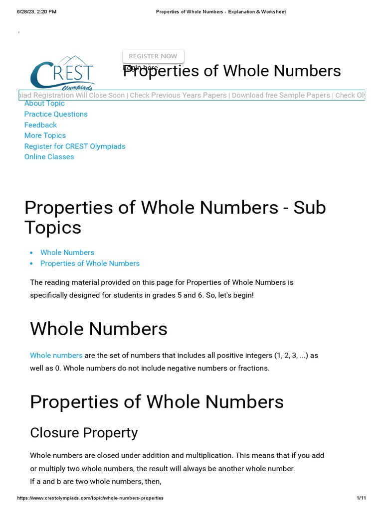 Properties of Whole Numbers Explained | PDF | Integer | Multiplication