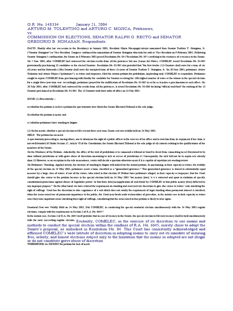 Tolentino V Comelec Case Digest | PDF | Mootness | Standing (Law)