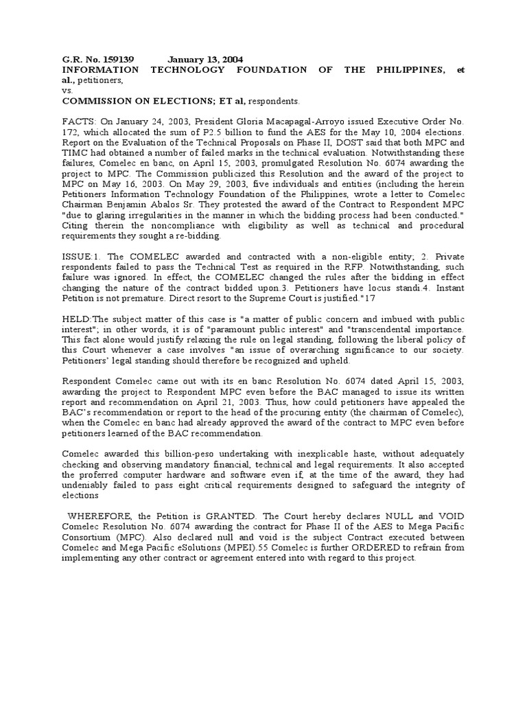 Information Tech V Comelec Case Digest | PDF | Commission On Elections (Philippines) | Public Law
