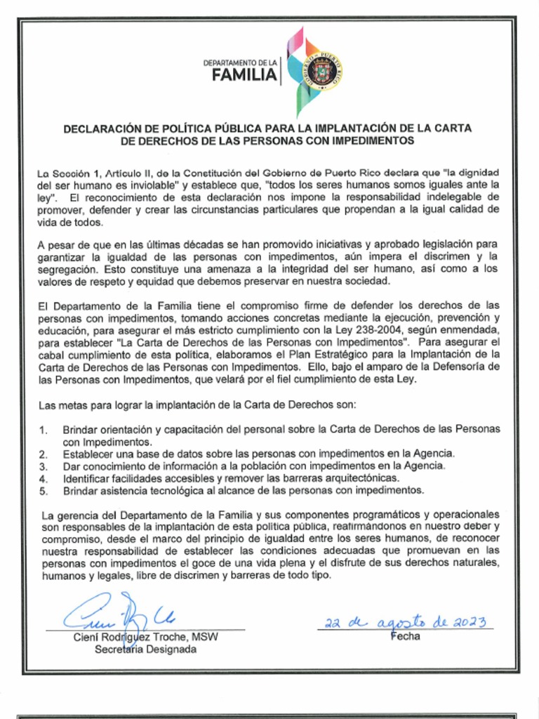 Política Pública para la Implantación de la Carta de Derechos de las ...