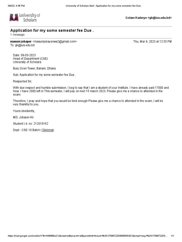 Application For My Some Semester Fee Due .: 1 Message | PDF