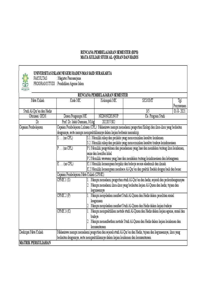 RPS Studi Al-Qur'an Dan Hadis Islah 2022 | PDF