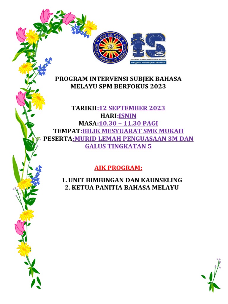 Notis Program Intervensi Subjek Bahasa Melayu SPM Berfokus 2023 | PDF