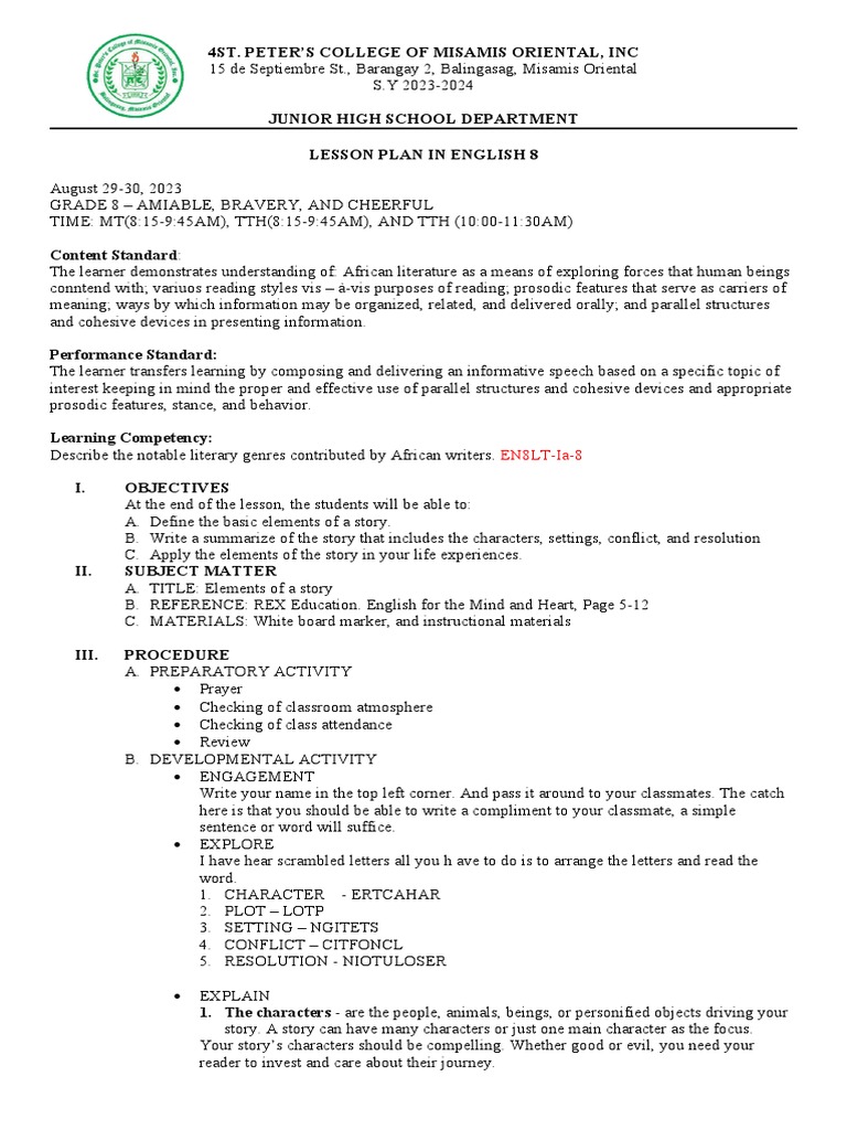 Elements of Story for Grade 8 | PDF | Plot (Narrative) | Lesson Plan