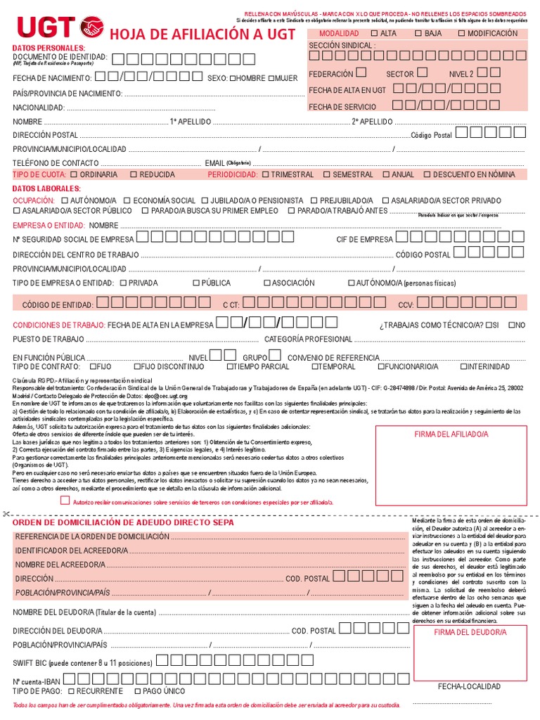 Ficha Afiliacion Ugt Dic2021 | PDF | Sindicato