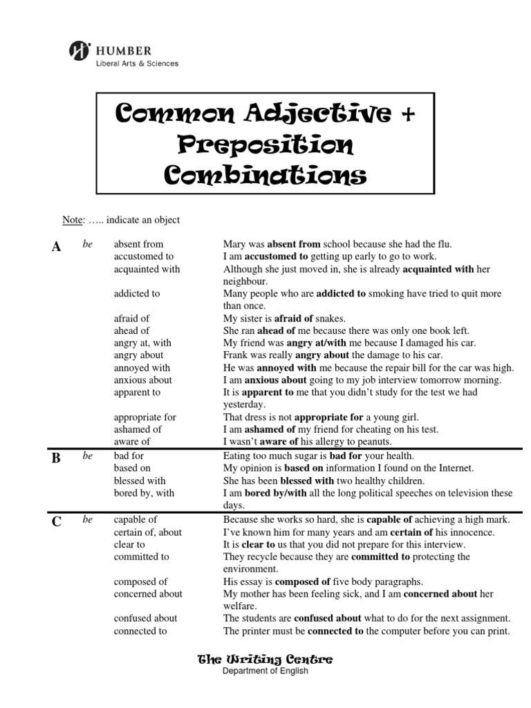 Adjectives + Preposition (A List) | PDF