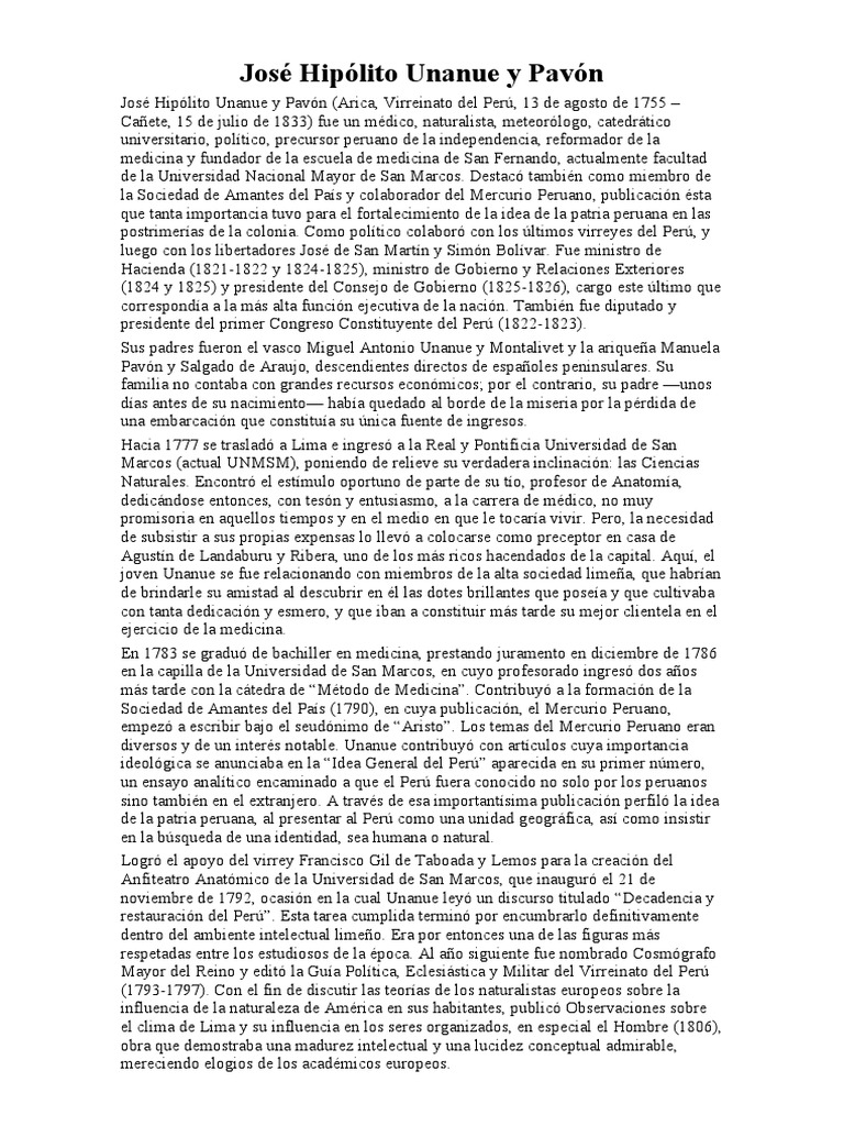 Jose Hipolito Unanue | PDF | Perú | América del Sur