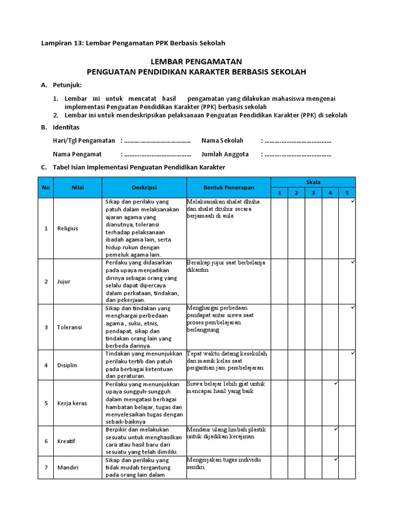 Lampiran 13 Lembar Pengamatan PPK Berbasis Sekolah Selayar | PDF | Karier & Perkembangan
