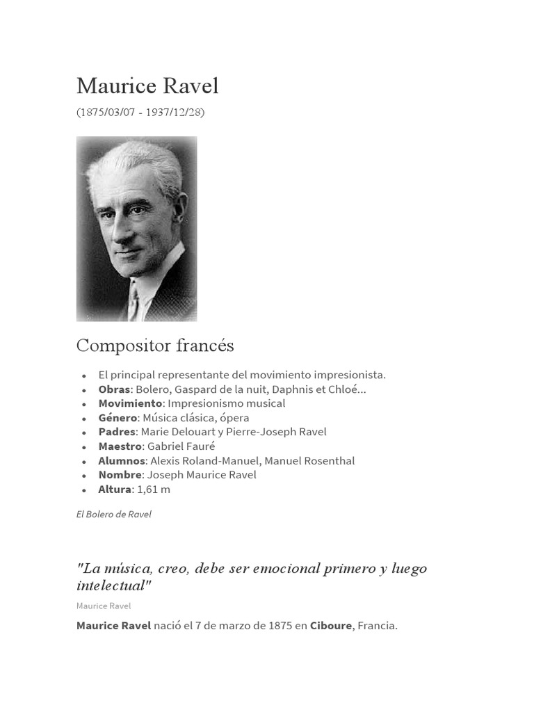 Maurice Ravel Biografia | PDF | Composiciones Musicales | Las artes ...