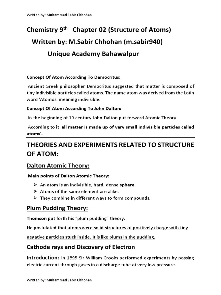 Chemistry 9 Chapter 02 (Structure of Atoms) Written By: M.Sabir Chhohan ...