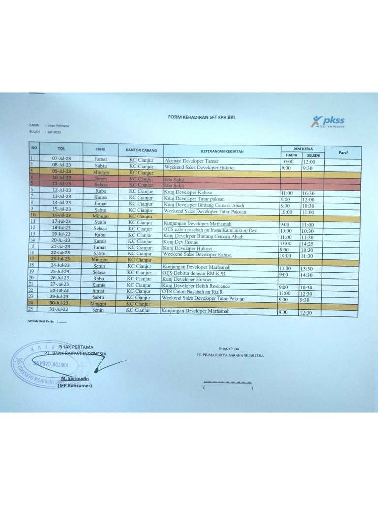 Absensi Irvan Permana Juli 2023 | PDF