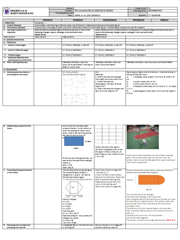 DLL - Mathematics 6 - Q3 - W9 | PDF | Area | Triangle DLL - Mathematics 6 - Q3 - W9 | PDF | Area | Triangle