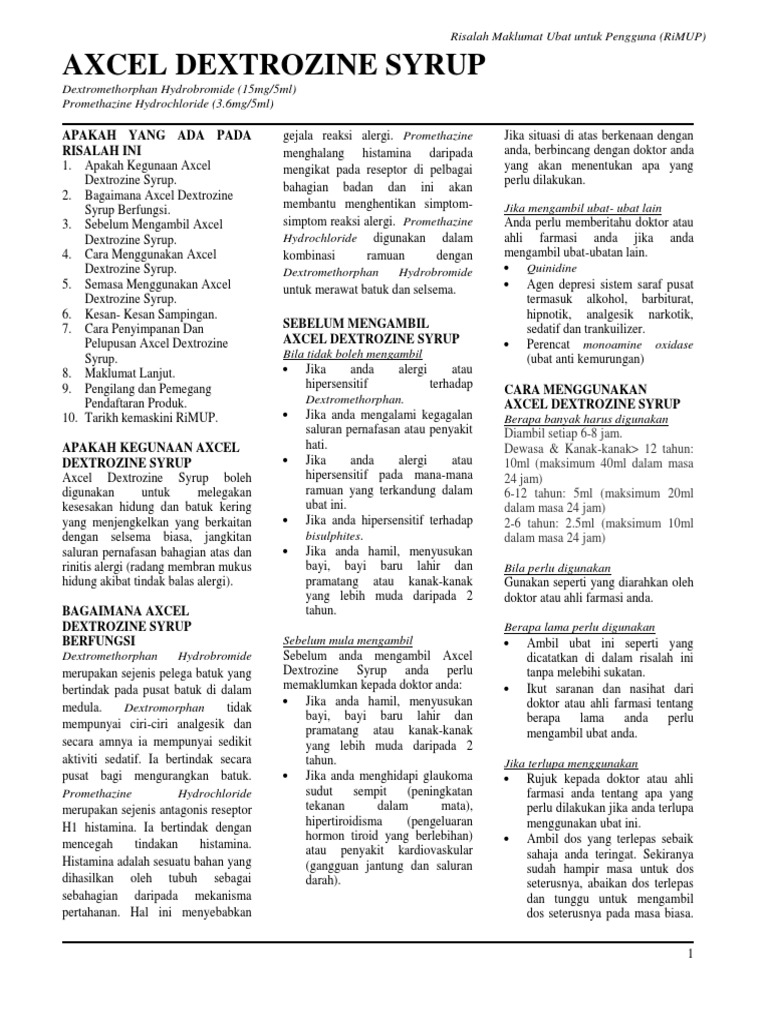 Axcel Dextrozine Syrup 15mg5ml & 3.6mg5ml (Dextromethorphan, Promethazine) Kotra Pharma (M) Sdn ...