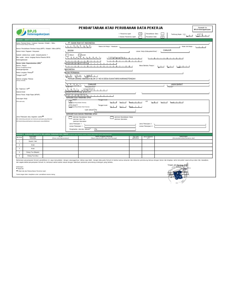 Formulir 1a BPJS Ketenagakerjaan KPSG | PDF