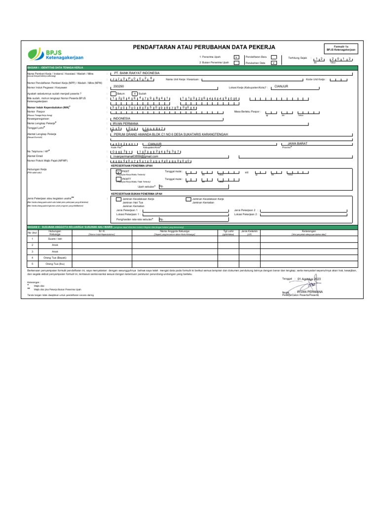 Formulir 1a BPJS Ketenagakerjaan | PDF