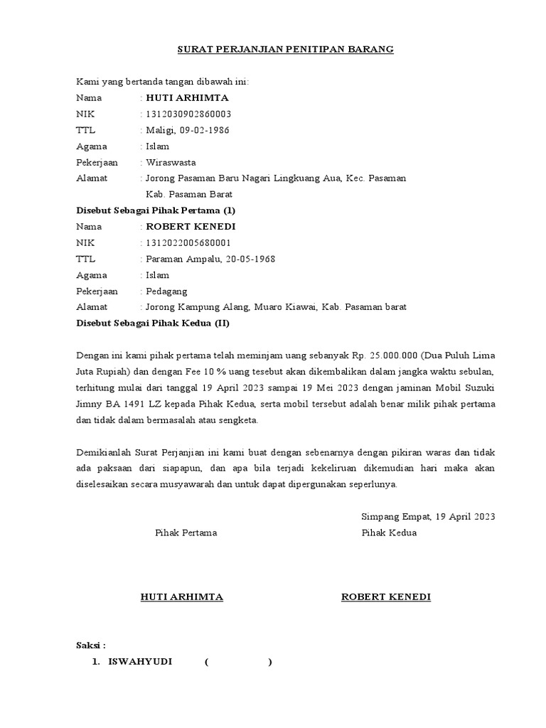 Surat Perjanjian Penitipan Barang - Docx22 | PDF