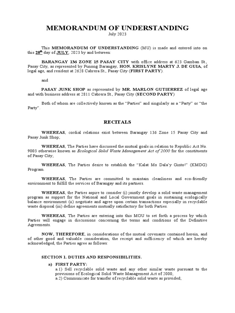 Memorandum of Understanding | PDF | Assignment (Law) | Justice